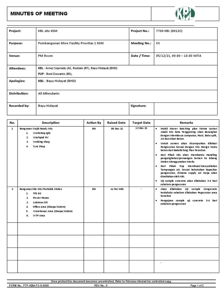 MoM - KBL Weekly Operations Meeting Facilities - With Pak Boni ...