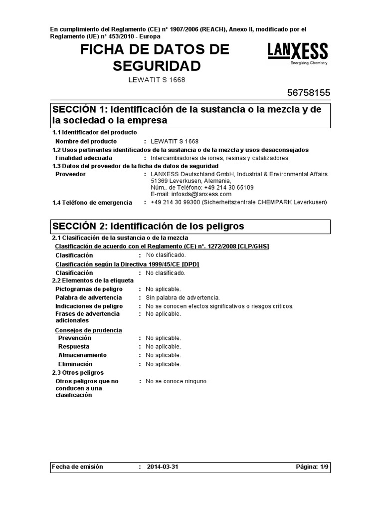 Cationica Fuerte - Ficha de Seguridad-1 | PDF | Residuos | Química