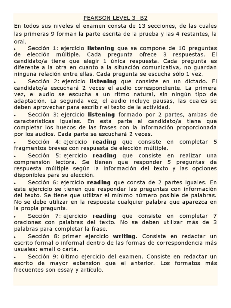 Estructura del Examen Pearson B2 | PDF | Prueba (evaluación) | Ciencia ...