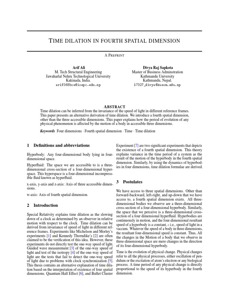 Time Dilation in Fourth Spatial Dimension | PDF | Dimension | Spacetime