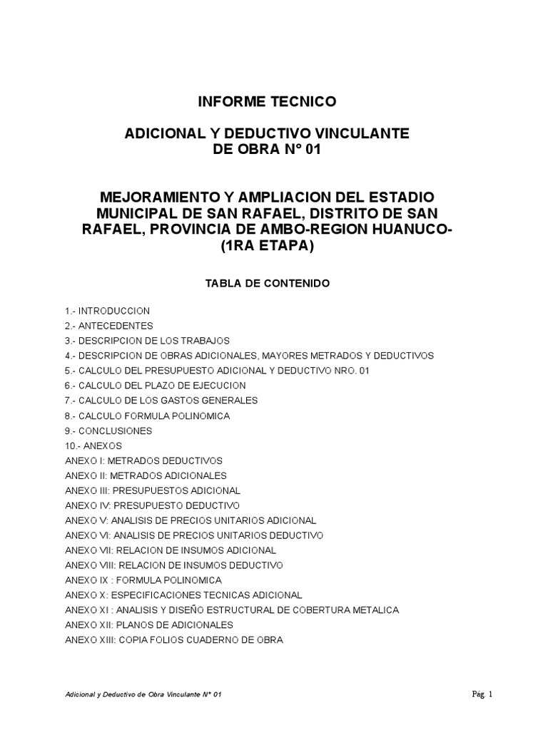 INFORME TECNICO ADICIONAL y DEDUCTIVO VINCULANTE | PDF | Presupuesto | Hormigón