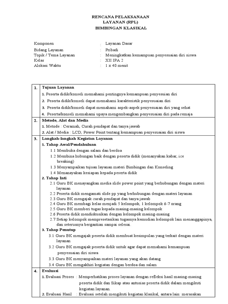 Rencana Pelaksanaan Layanan (RPL) | PDF