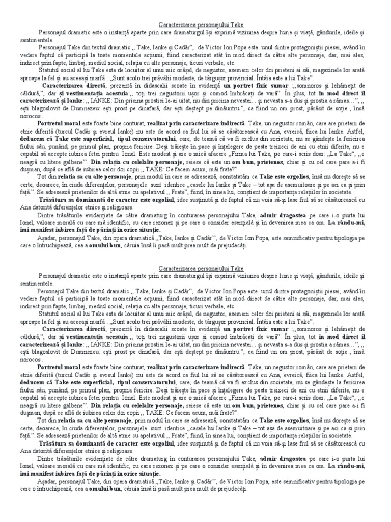 Caracterizarea Personajului Take | PDF