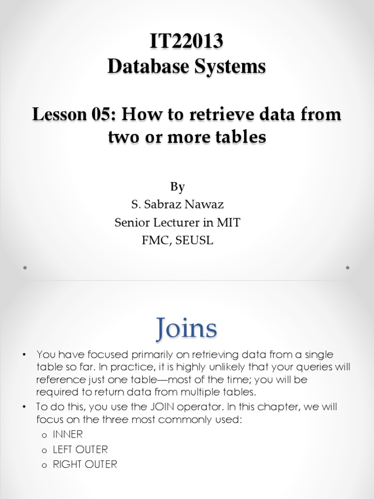 Chapter 05 Retrieve Data From Two Or More Tables Pdf Information Science Sql 