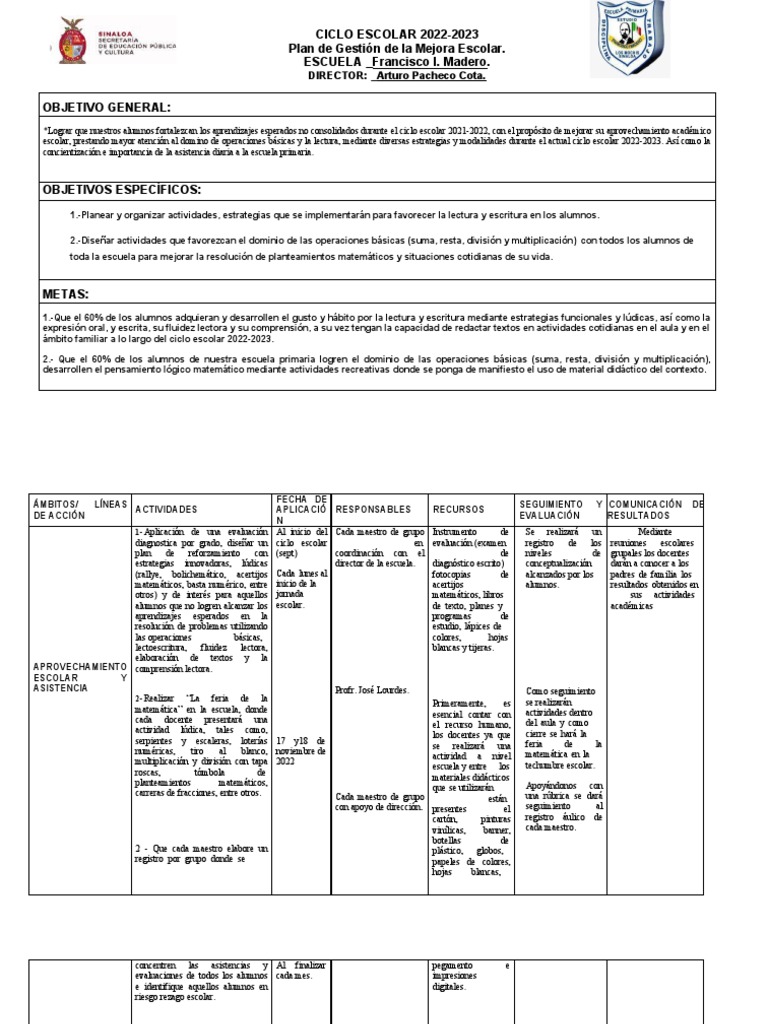 Plan De Mejora Escolar Para Fortalecer Los Aprendizajes Y Aumentar La