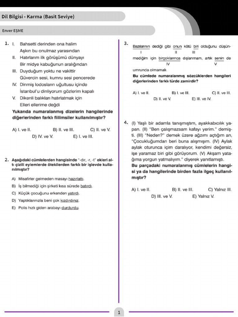 Dil Bilgisi Karma Test Sorulari Basit Orta | PDF