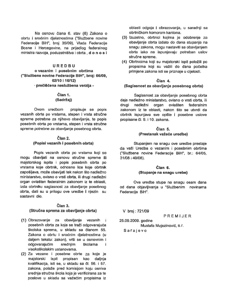 Uredba o Vezanim I Posebnim Obrtima | PDF