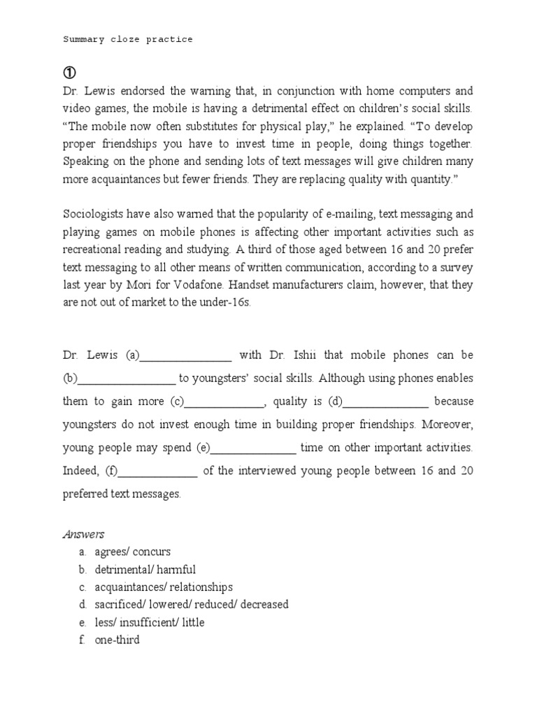 Summary Cloze Practice Exercises | PDF | Text Messaging | Elephant