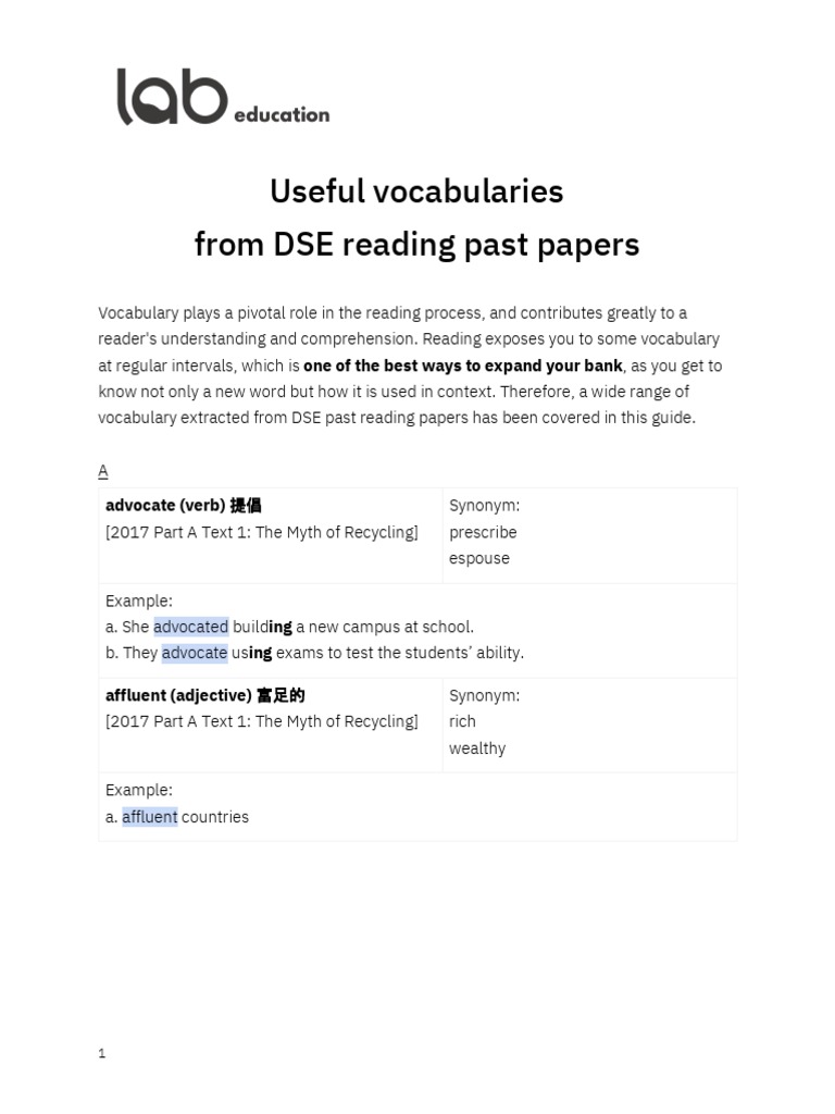 DSE英文閱讀｜Useful vocabularies | PDF | Vocabulary | Verb