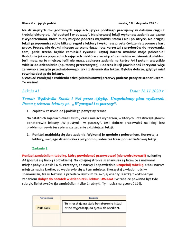 Klasa 6 C Jezyk Polski Material 16 Sroda 18 Listopada Lekcja 41 42 | PDF
