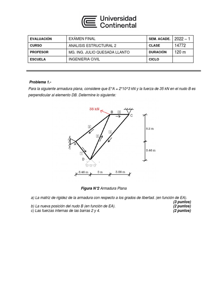 Examen Final: Análisis Estructural | PDF | Braguero | Rigidez