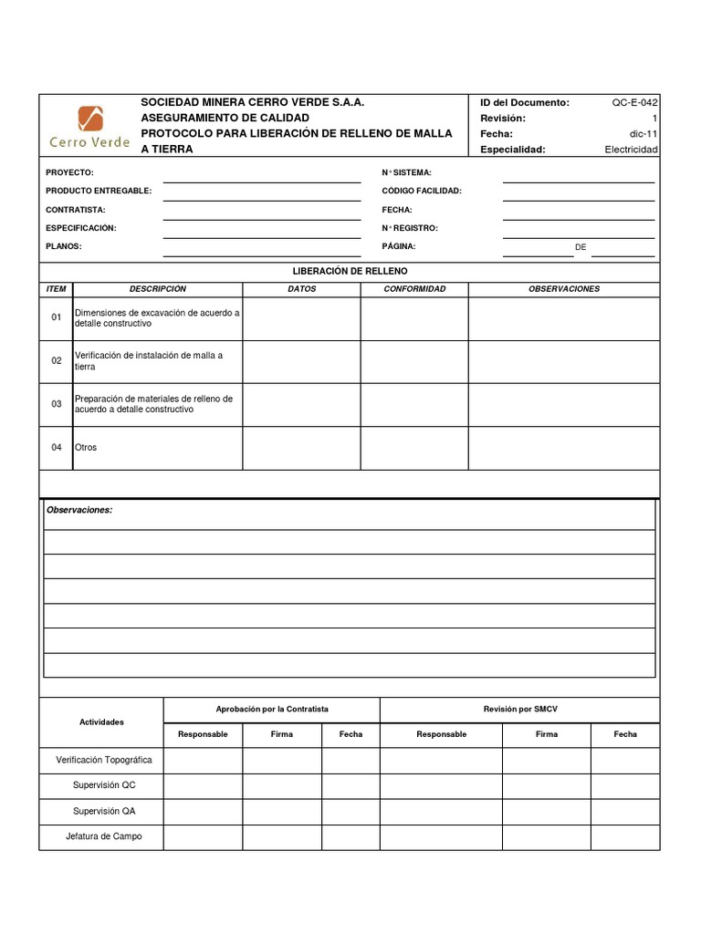 QC-E-042 Protocolo para Liberación de Relleno Malla A Tierra - V1 | PDF