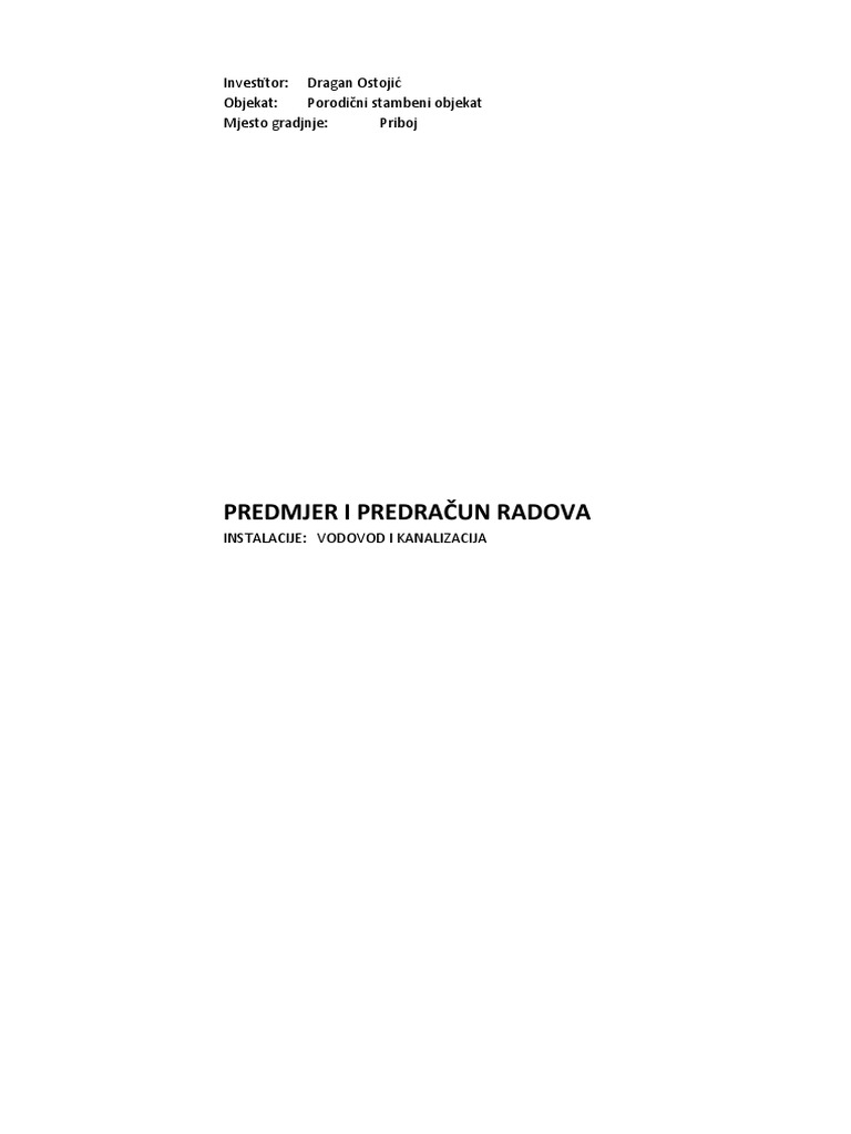 PREDMJER Projekat Vodovoda I Kanalizacije | PDF