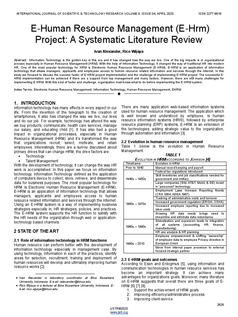 E Human Resource Management e HRM Project A Systematic Literature ...