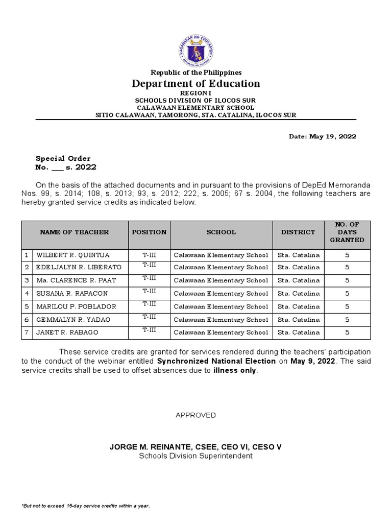Special Order For Service Credits Election Brigada | PDF | Government