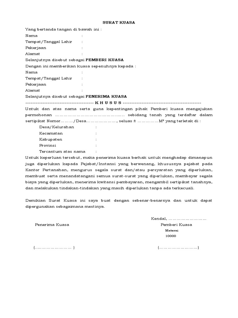 Contoh SURAT KUASA BPN | PDF