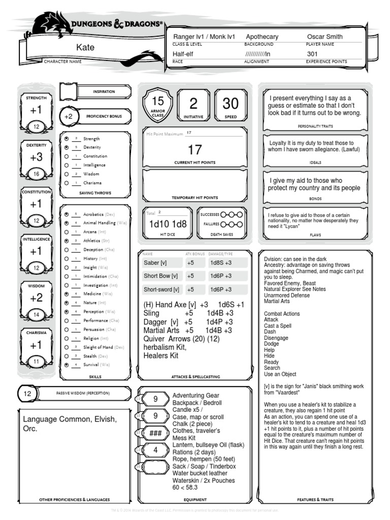 DND - 5E - CharacterSheet - Kate Lv1 Ranger - LV 1 Monk | PDF