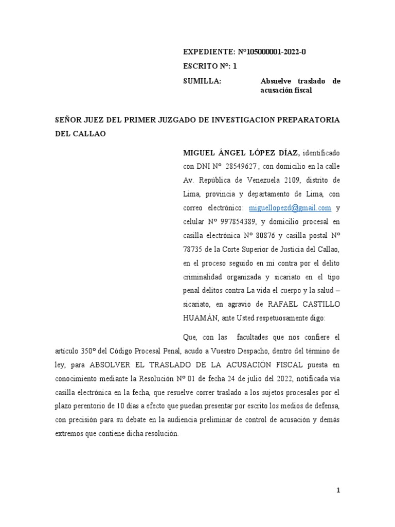 Escrito Absolviendo Acusacion Fiscal | PDF