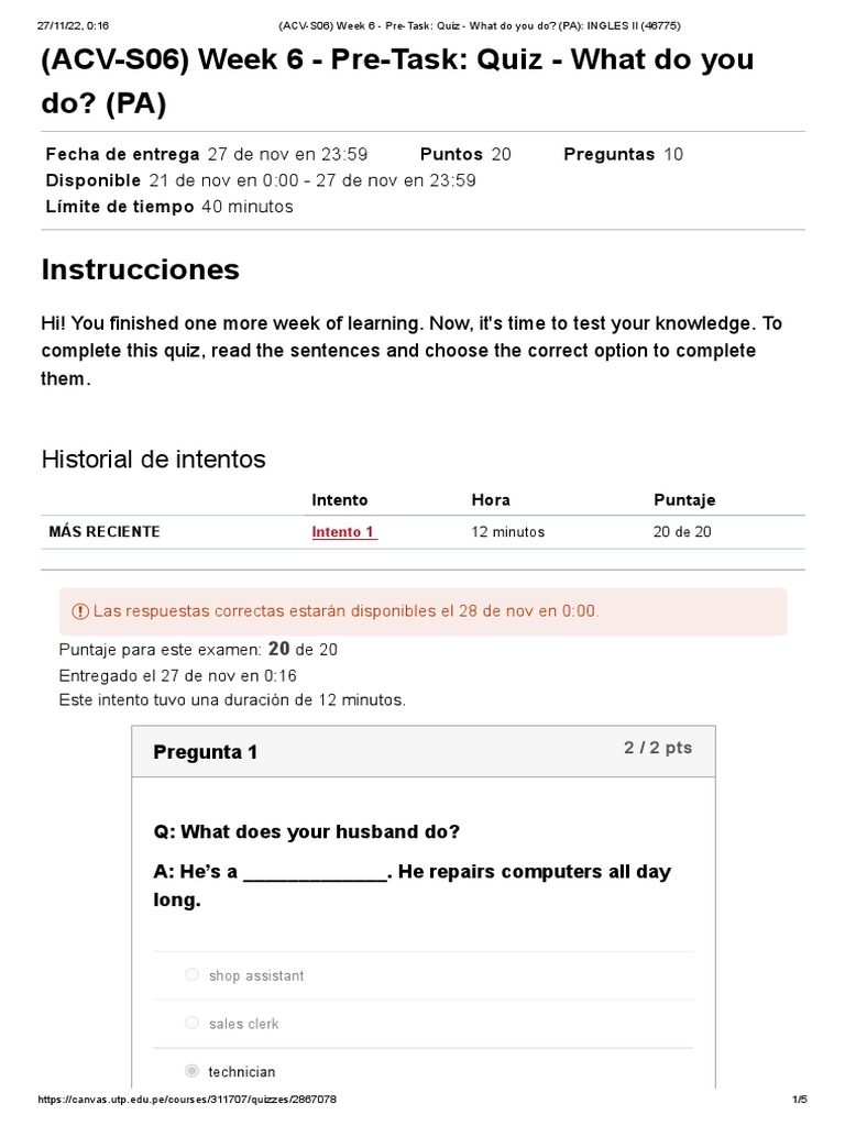 (ACV-S06) Week 6 - Pre-Task - Quiz - What Do You Do - (PA) - INGLES II (46775) | PDF | Food And ...