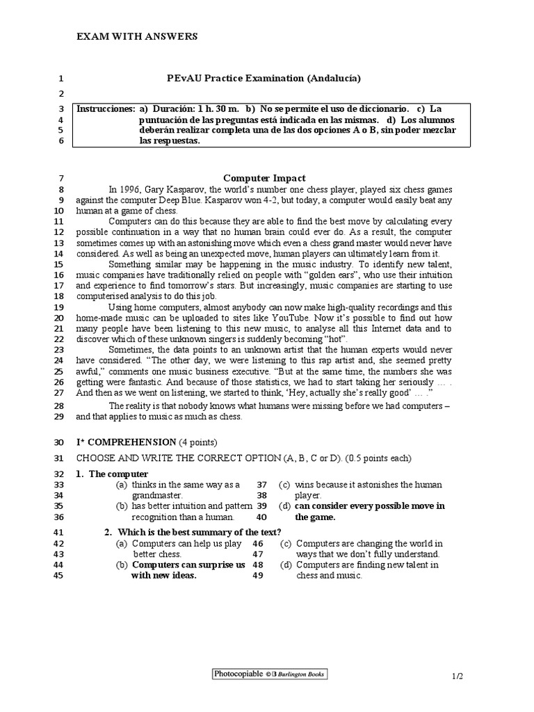 PEvAU Practice Exam Answers Computer Impact | PDF | Adverb | Chess