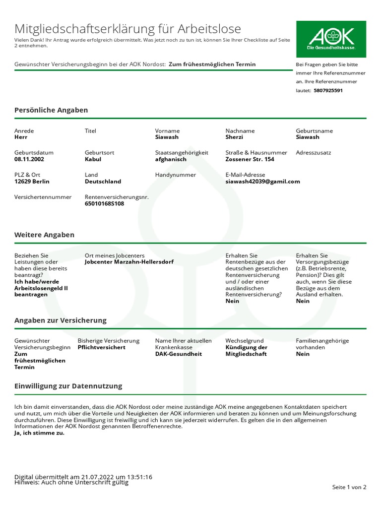 Anmeldung Von AoK | PDF
