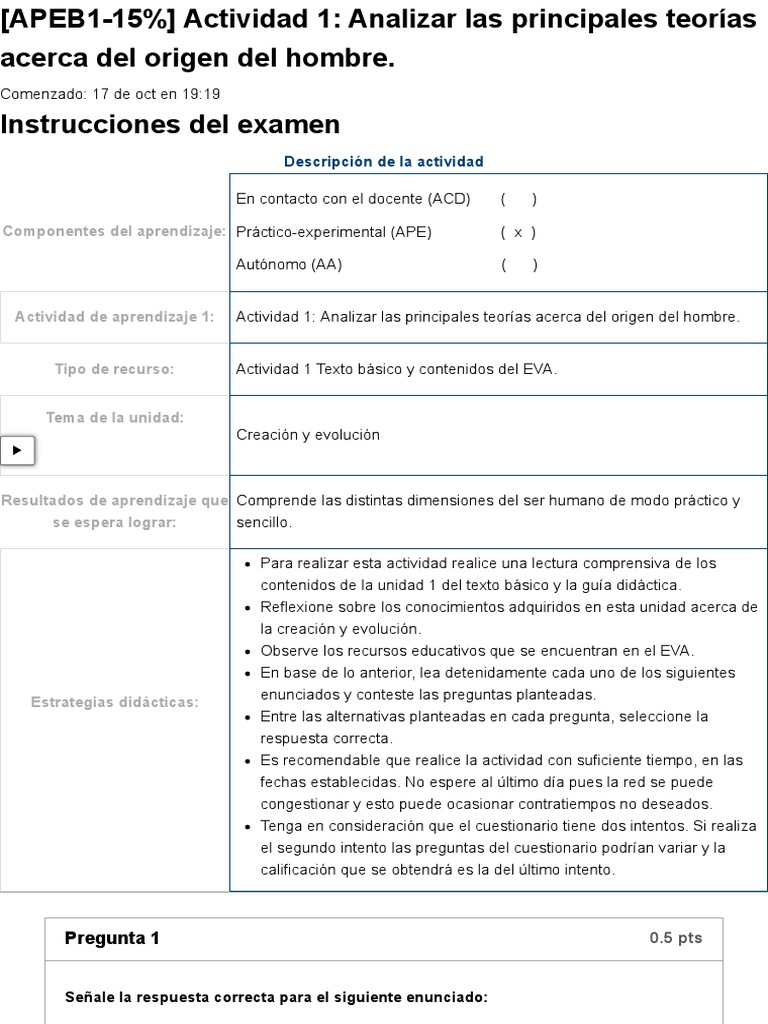 Examen - (APEB1-15%) Actividad 1 - Analizar Las Principales Teorías Acerca Del Origen Del Hombre ...