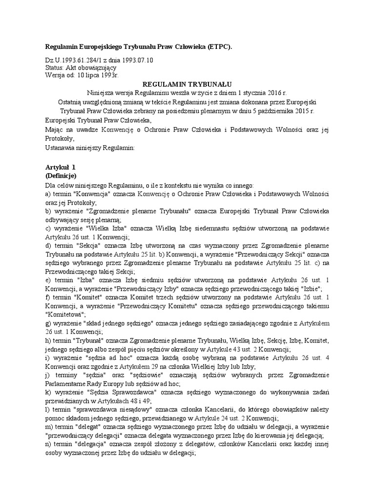 Lex DZ U 1993 61 284 1 Regulamin Europejskiego | PDF
