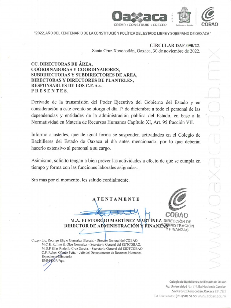 Circular Daf-090-22 Suspensión de Labores 1° de Diciembre 2022 | PDF