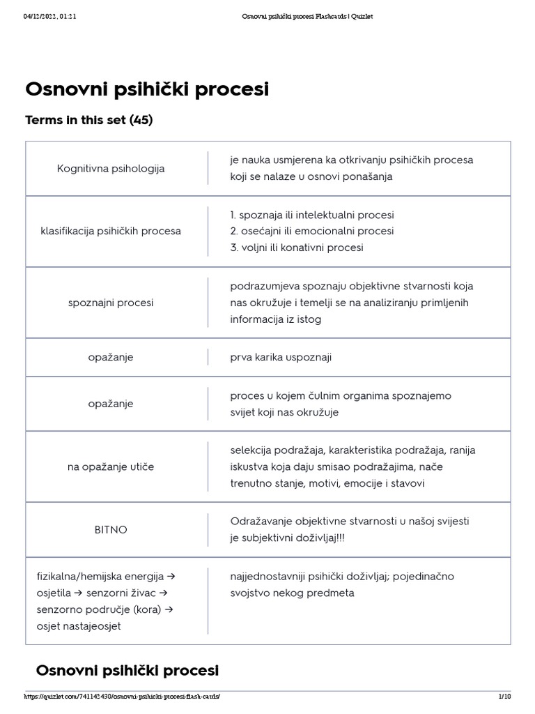 Osnovni Psihički Procesi Flashcards - Quizlet | PDF
