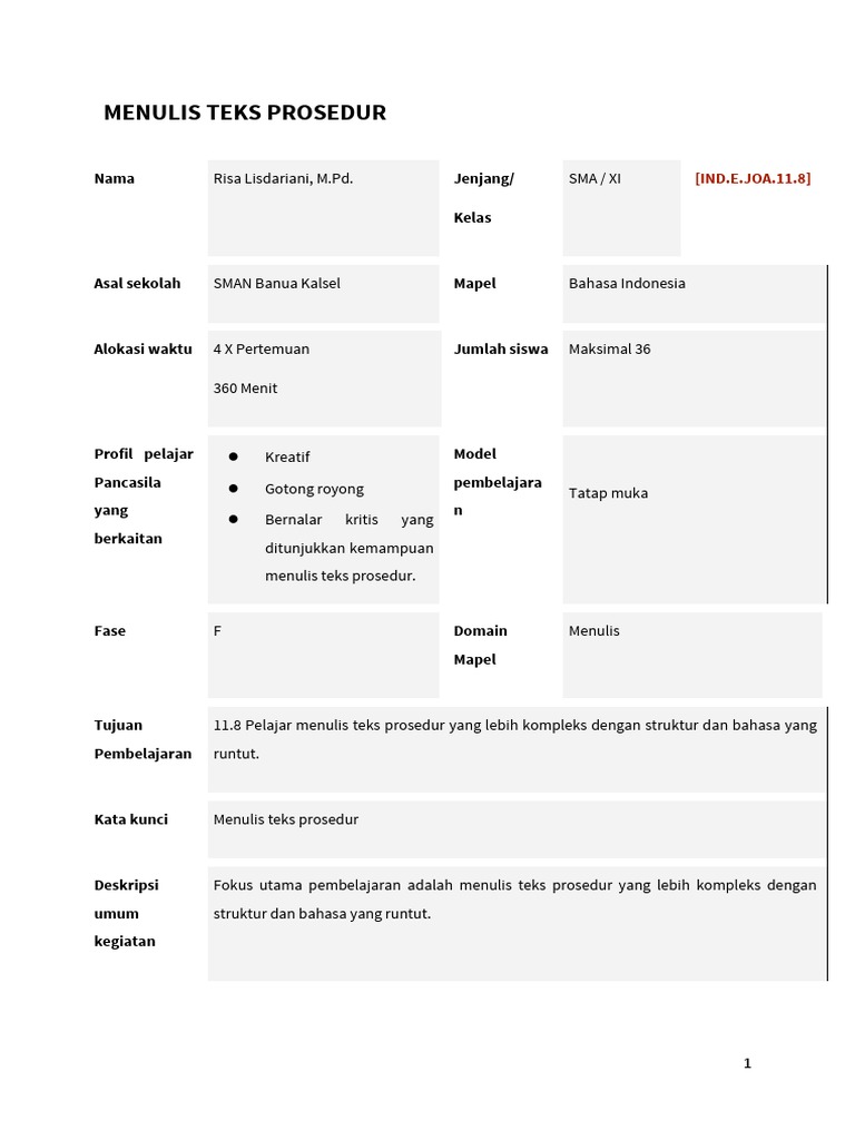 Modul Ajar Bahasa Indonesia - Menulis Teks Prosedur - Fase F-1 | PDF