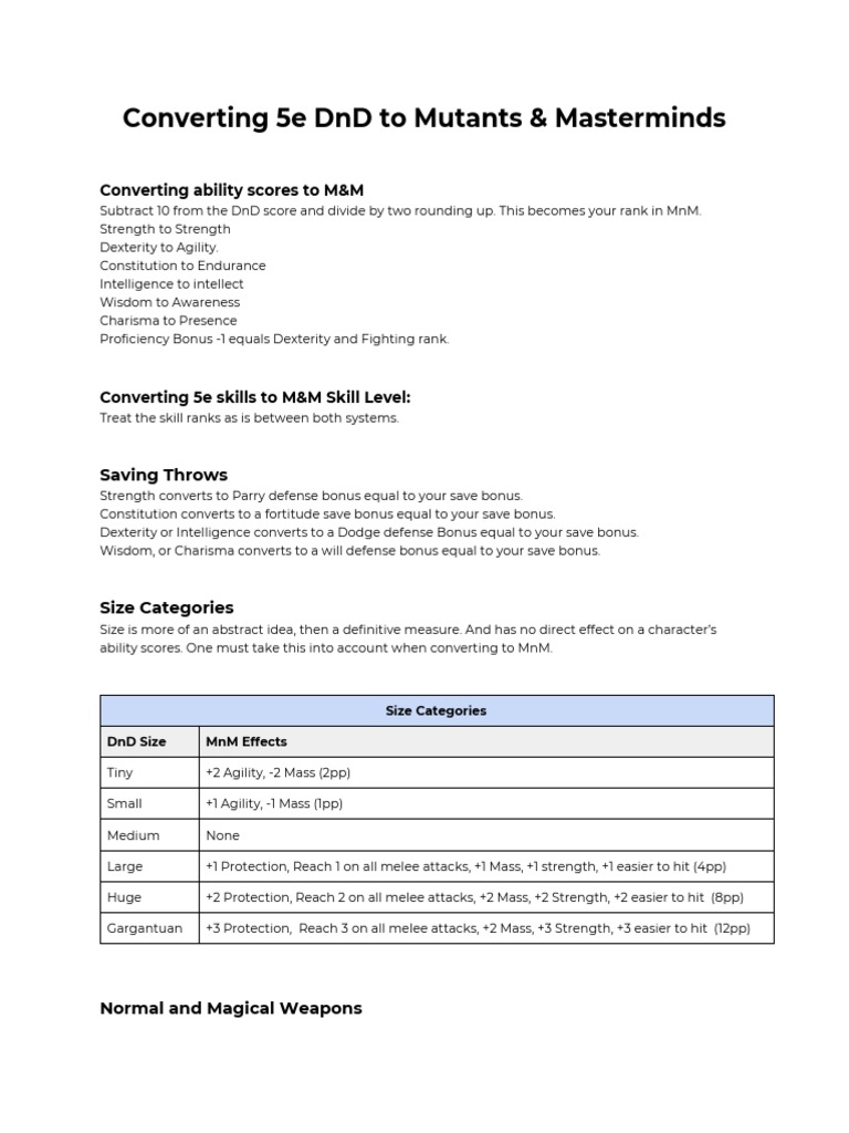 Converting 5e DND To Mutants & Masterminds | PDF