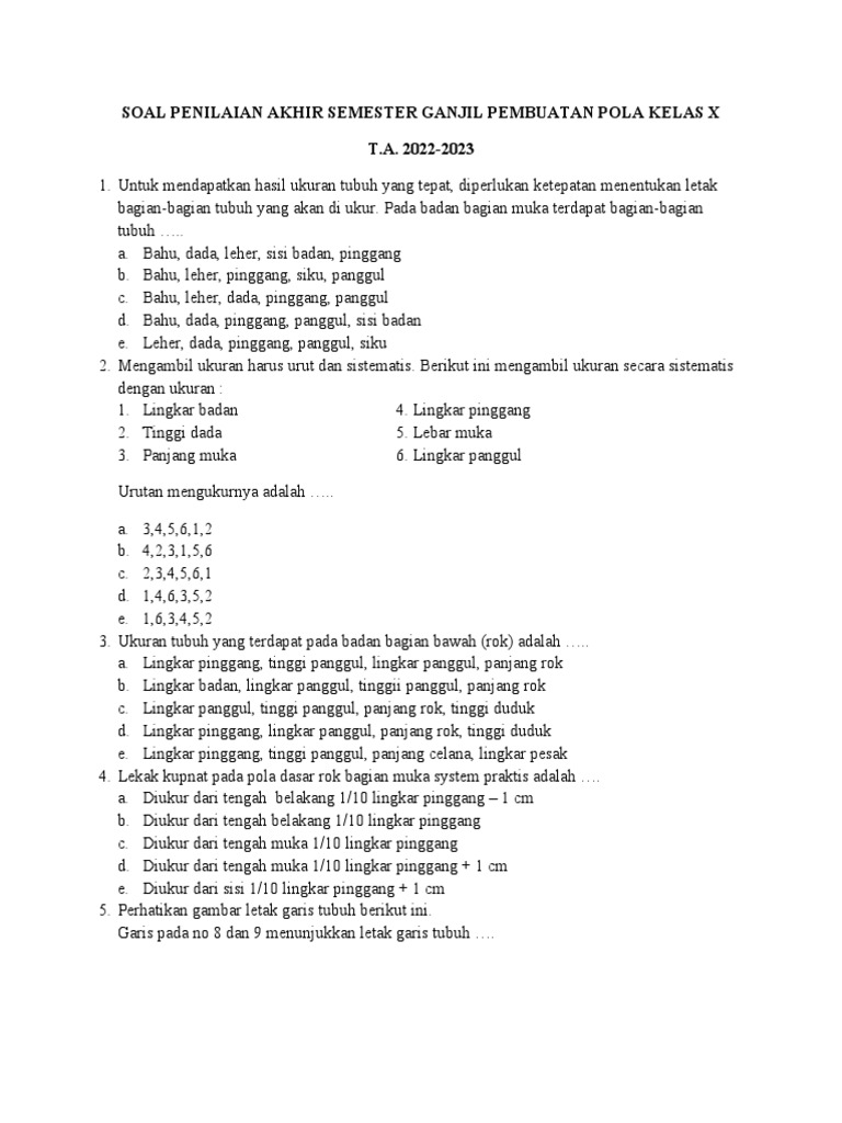 Soal Penilaian Akhir Semester Ganjil Pembuatan Pola Kelas X | PDF