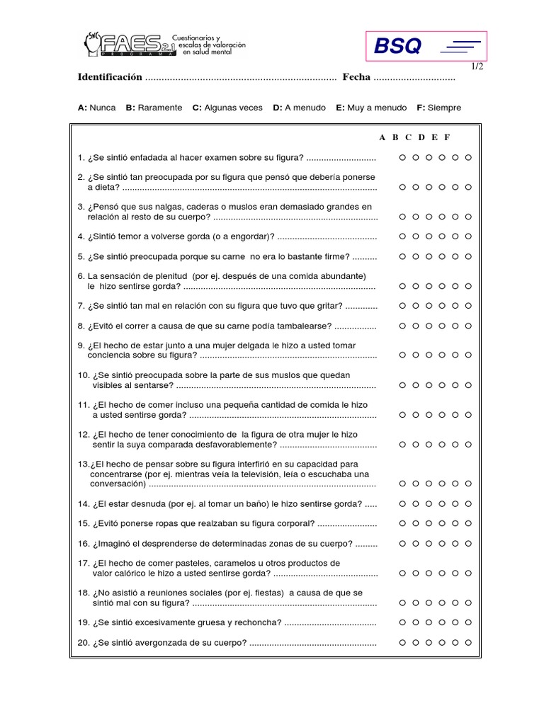 Cuestionario de Imagen Corporal (BSQ) (Formato) | PDF