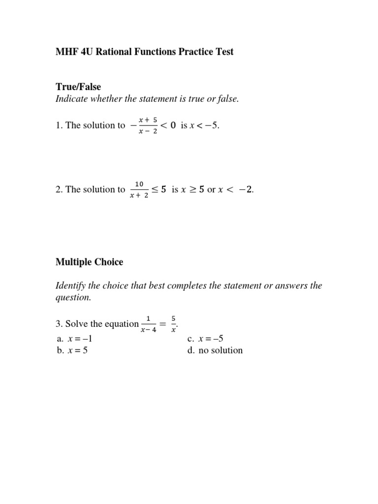 Mhf 4u Rational Functions Practice Test Pdf Asymptote Function