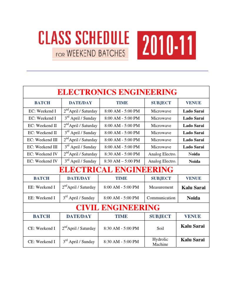 Engineering Weekend Class Schedule | PDF | Social Science