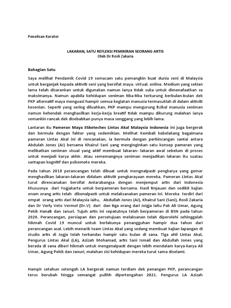 LAKARAN SATU REFLEKSI PEMIKIRAN SEORANG ARTIS Oleh DR Rosli Zakaria | PDF