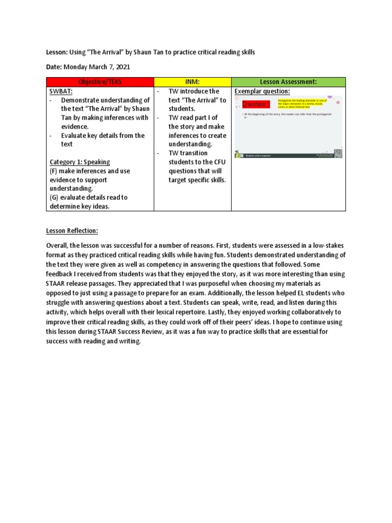 Critical Reading with "The Arrival" | PDF | Pedagogy | Cognitive Science