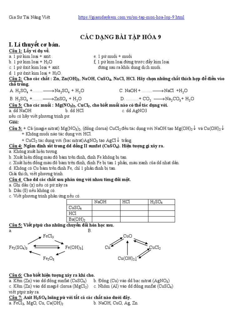 Cac Dang Bai Tap Hoa 9 Cac Dang Bai Tap Hoa Lop 9 Hay | PDF