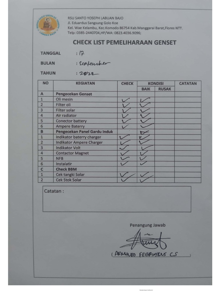 MFK 2 Ceklist Pemeriksaan Genset | PDF