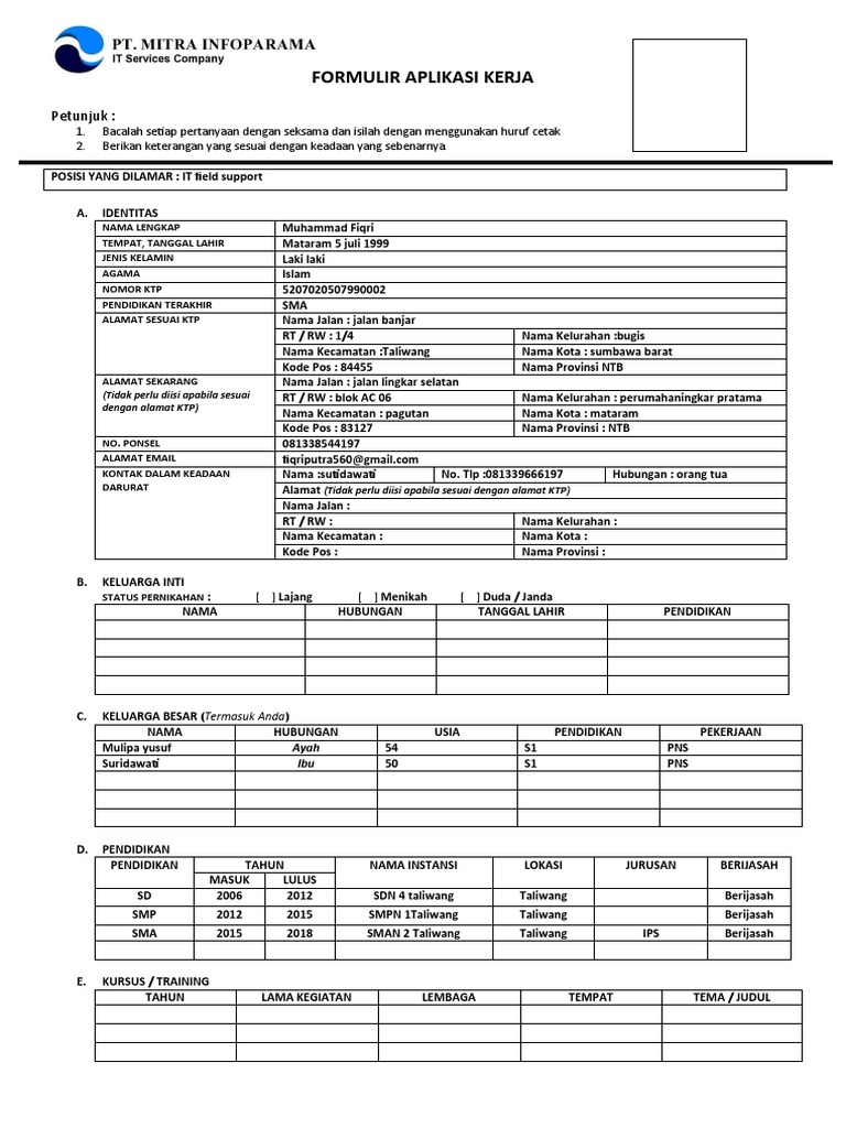 Formulir Aplikasi Kerja | PDF
