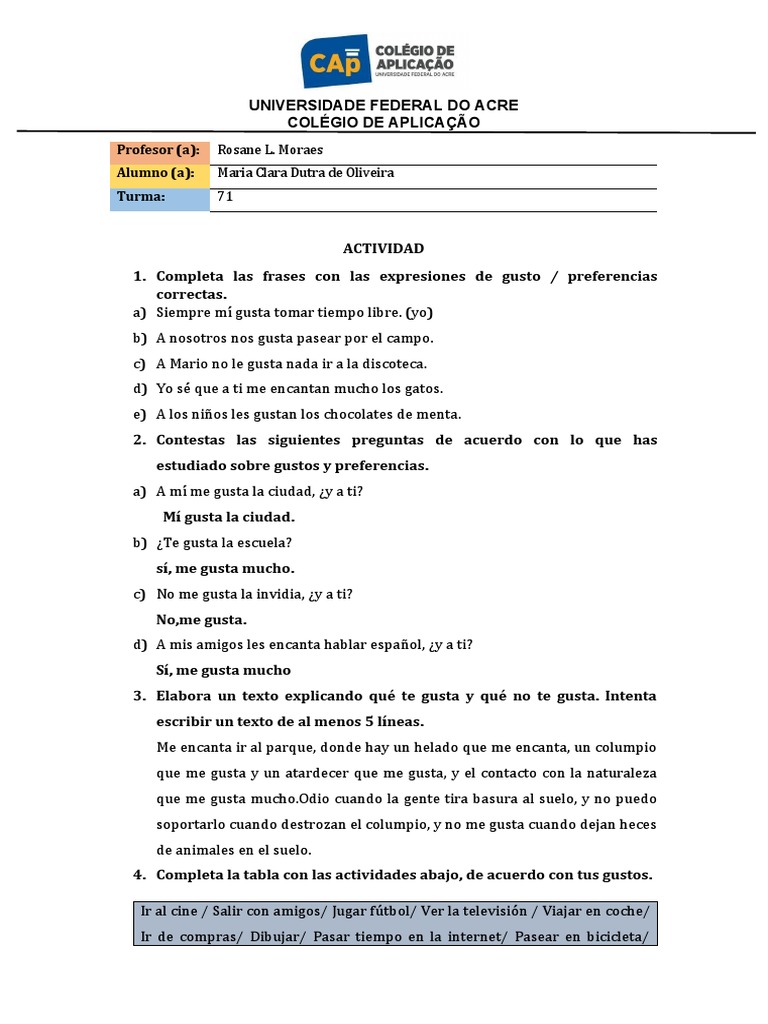 Actividad - Expresar Gustos y Preferencias | PDF