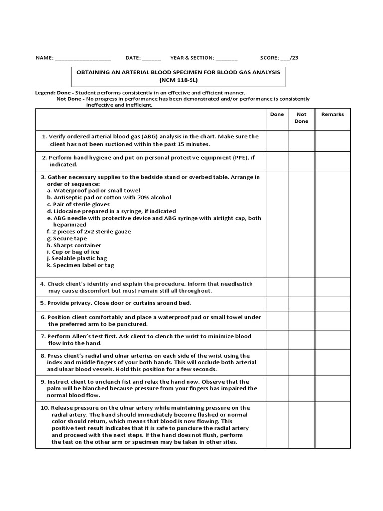 ABG Sample Collection Checklist | PDF | Hand | Syringe