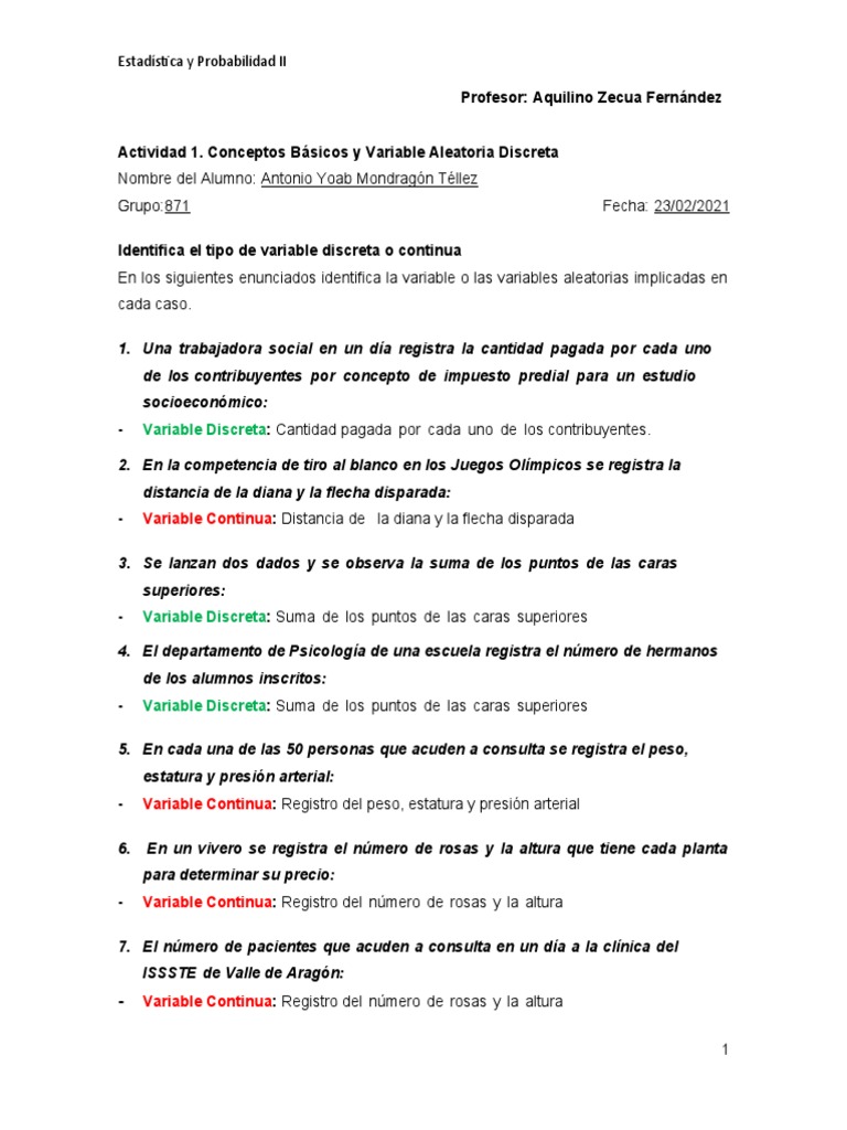 Actividad 1. Variable Aleatoria Discreta | PDF | Variable aleatoria | Probabilidades y estadísticas
