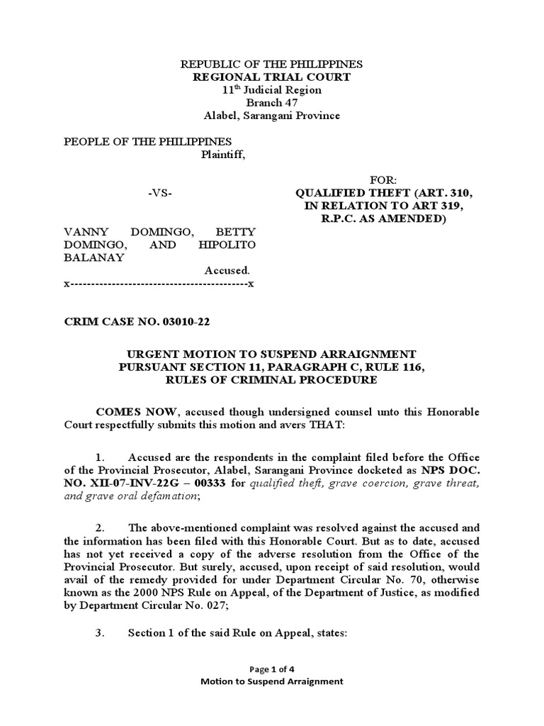 Motion To Suspend Proceedings | PDF | Prosecutor | Complaint