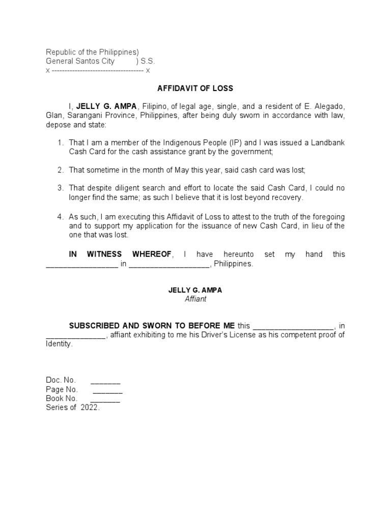 Affidavit of Loss - Cash Card | PDF