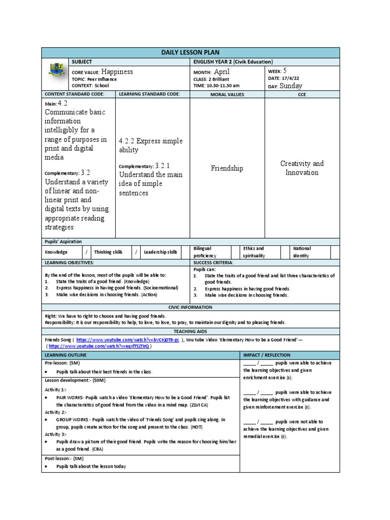 BI Y2 LP TS25 - Civic Education (4) HAPPINESS | PDF | Lesson Plan ...