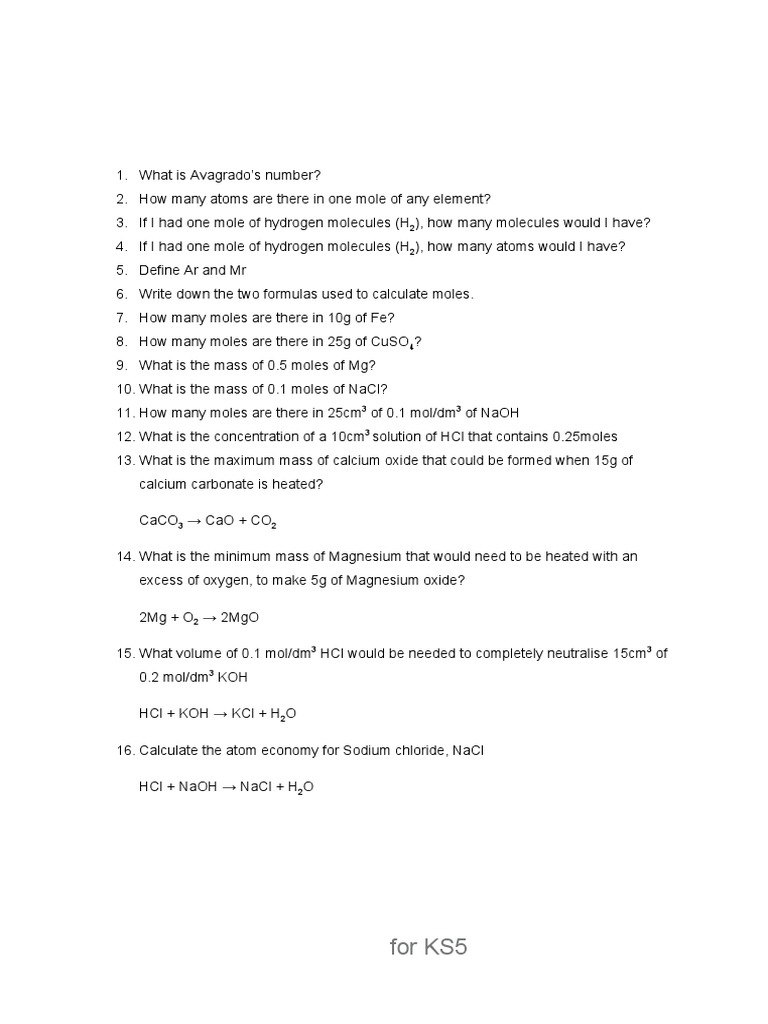 Worksheet Revision Calculations ks5 | PDF | Mole (Unit) | Molecules