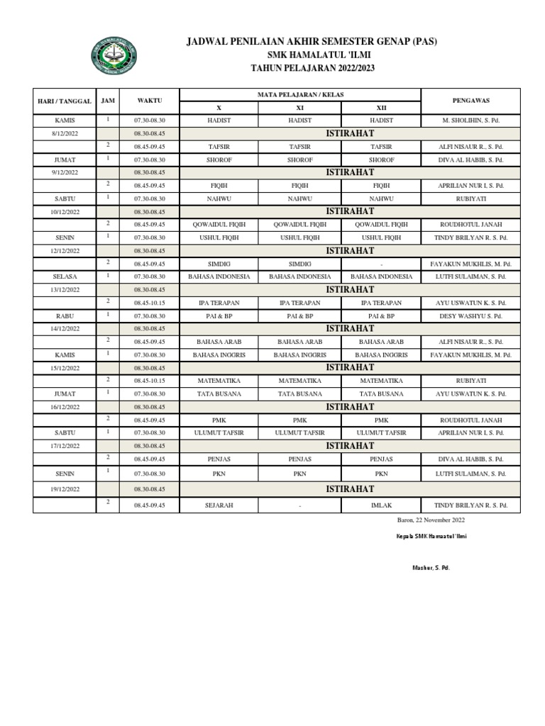 Jadwal Uas SMT 1 (2022-2023) | PDF