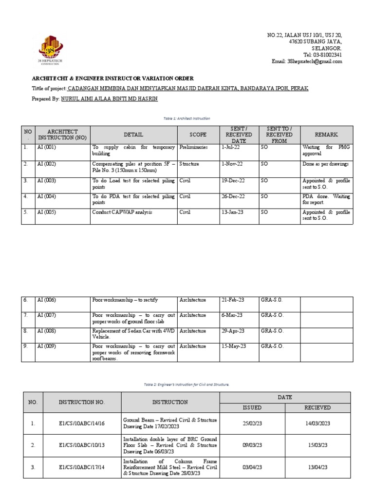 Architect & Engineer Instruction Variation Order | PDF | Structural ...