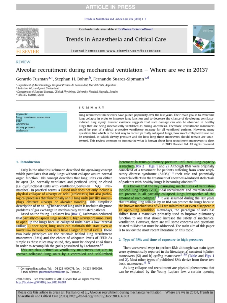 Reclutamiento Tusman | Download Free PDF | Lung | Anesthesia